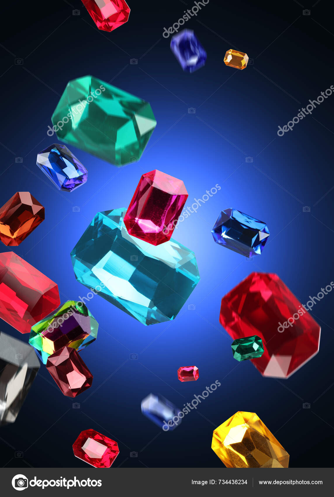 Many Shiny Gemstones Air Blue Gradient Background — Stock Photo ...