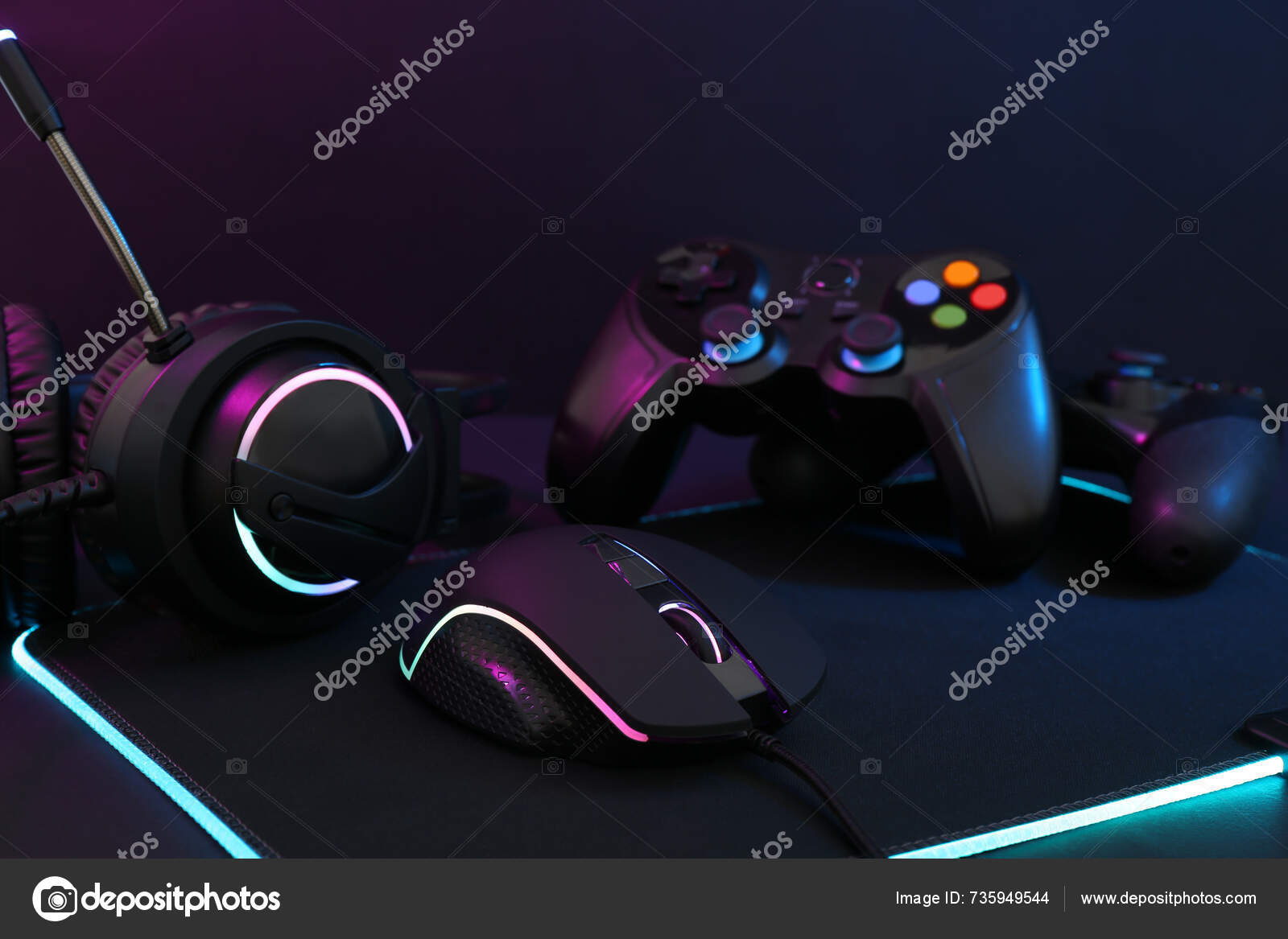 Ratón Ordenador Auriculares Controladores Juego Luces Neón Sobre Fondo ...