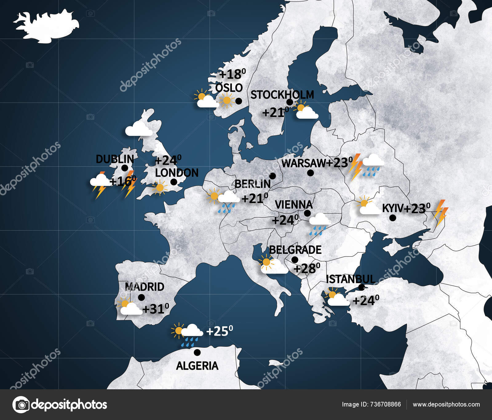 Weather Forecast Shown Map Europe Illustration City Names Temperature ...