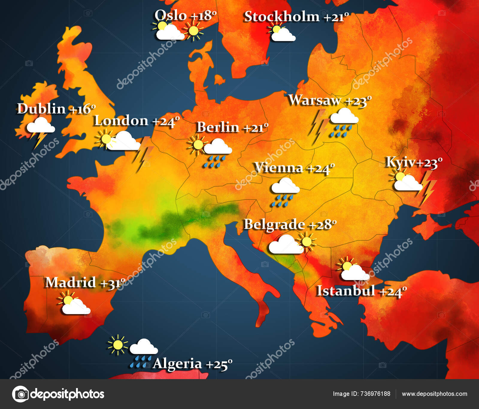 Weather Forecast Shown Map Europe Illustration City Names Temperature ...