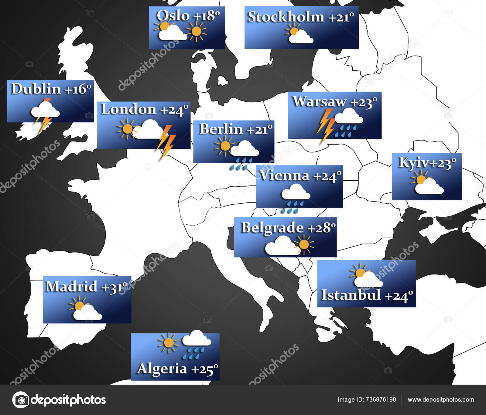 Weather Forecast Shown Map Europe Illustration City Names Temperature ...