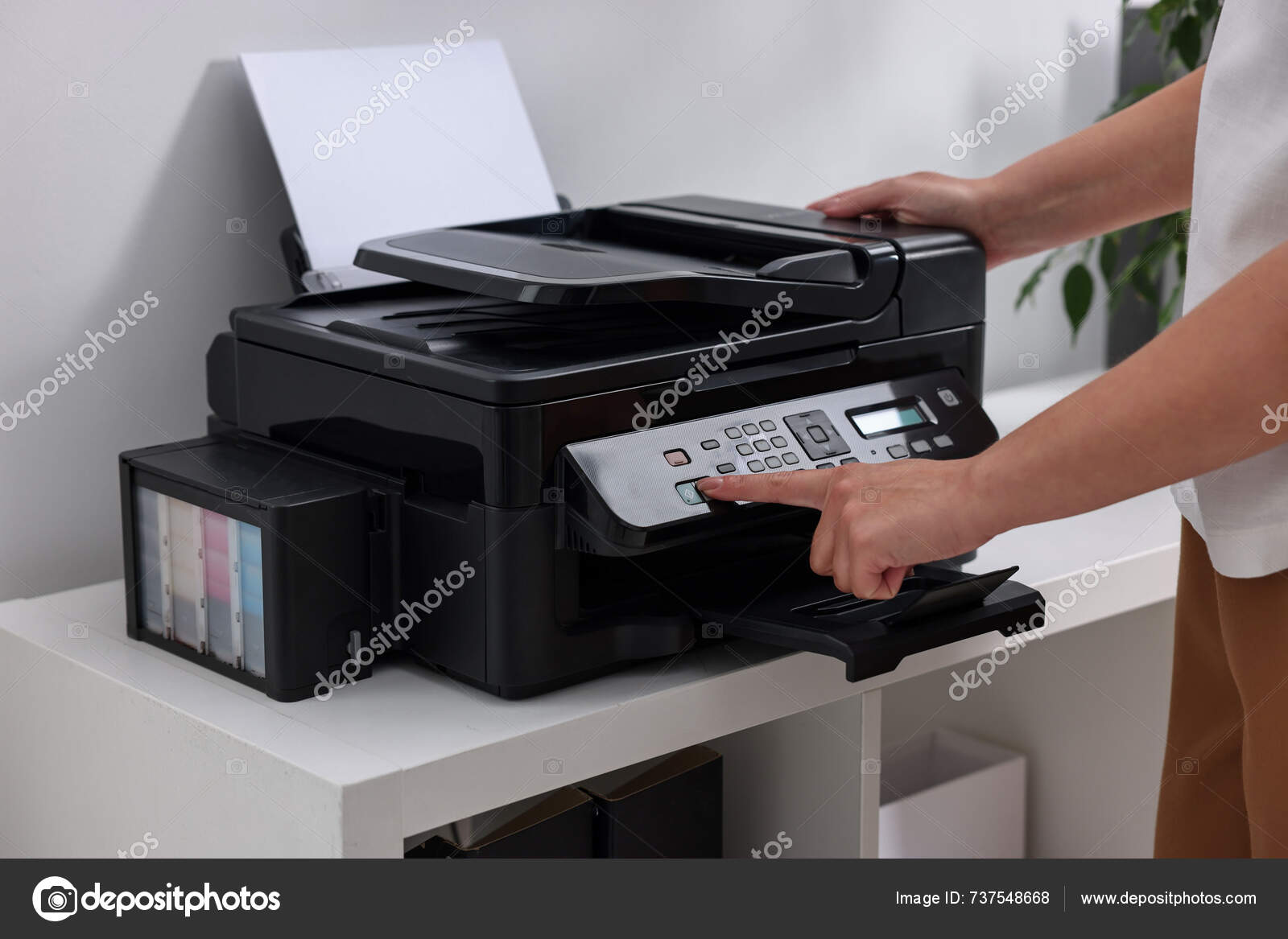 Woman Using Modern Printer Workplace Indoors Closeup — Stock Photo ...