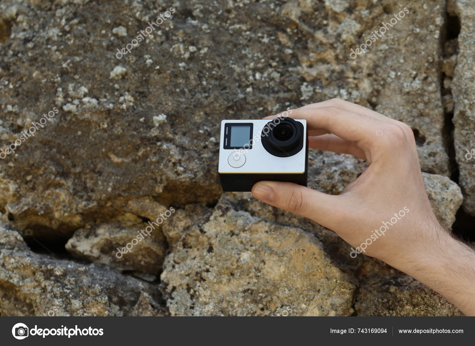 Man Modern Action Camera Stones Closeup — Stock Photo © NewAfrica ...