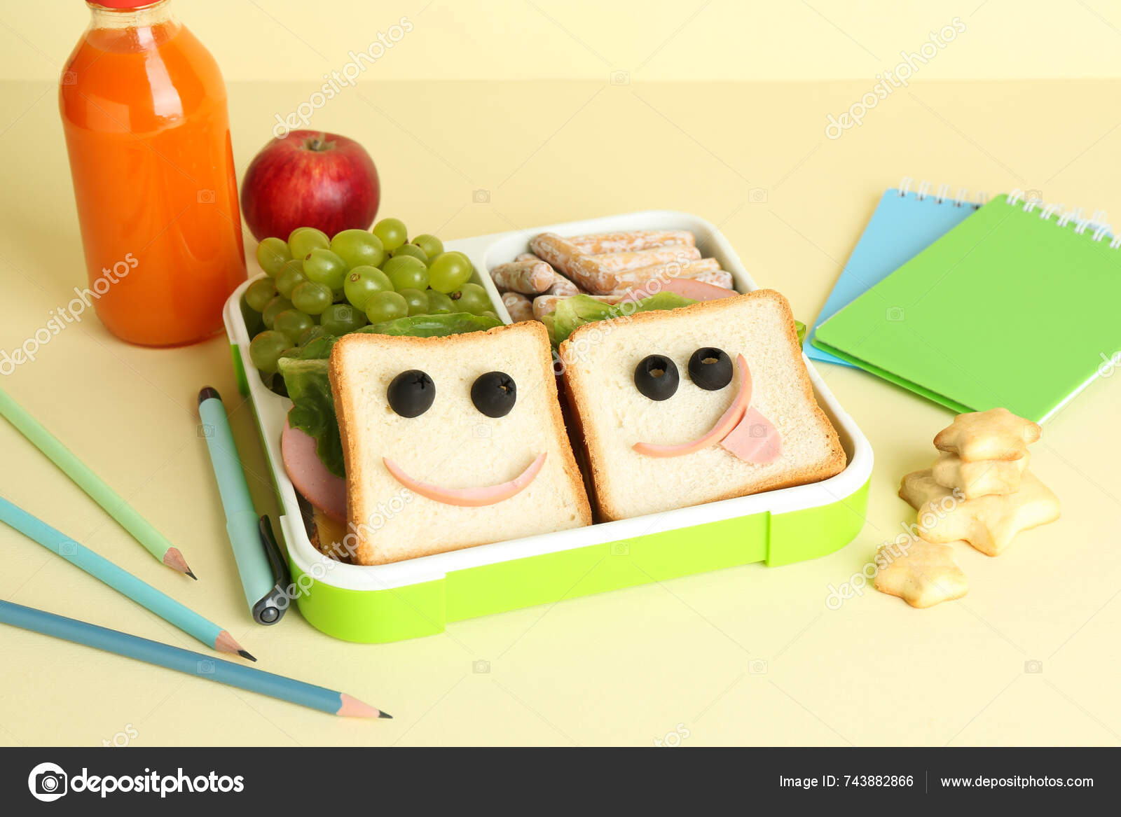 Sandwiches Smiley Faces Lunch Box Bottle Juice Stationery Yellow Table — Stock Photo © NewAfrica ...