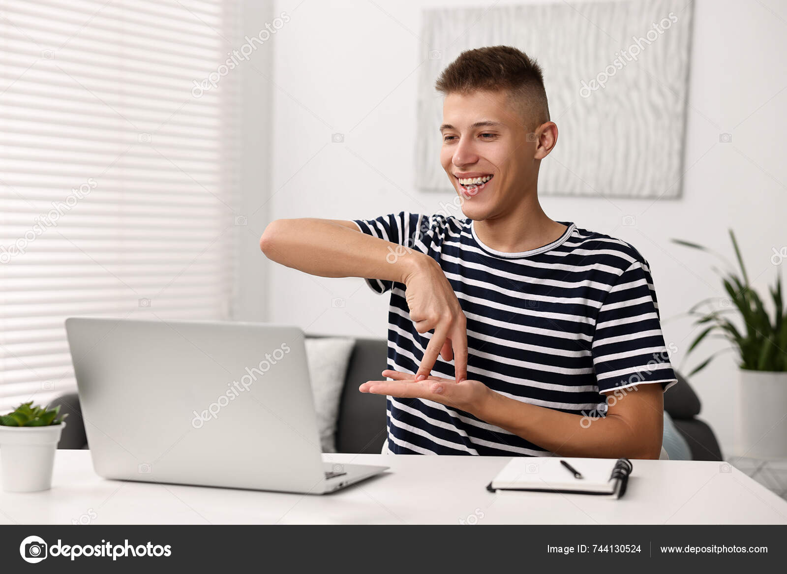 Young Man Using Sign Language Video Call Indoors — Stock Photo ...