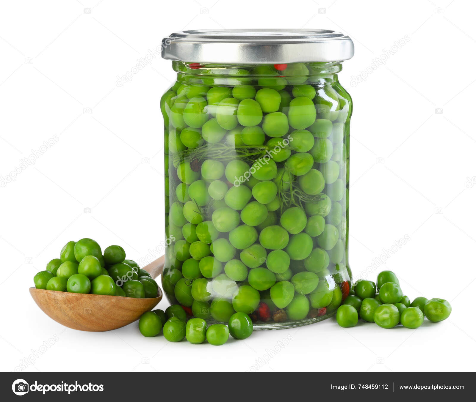 Tasty Pickled Peas Jar Fresh Ingredients Isolated White — Stock Photo ...