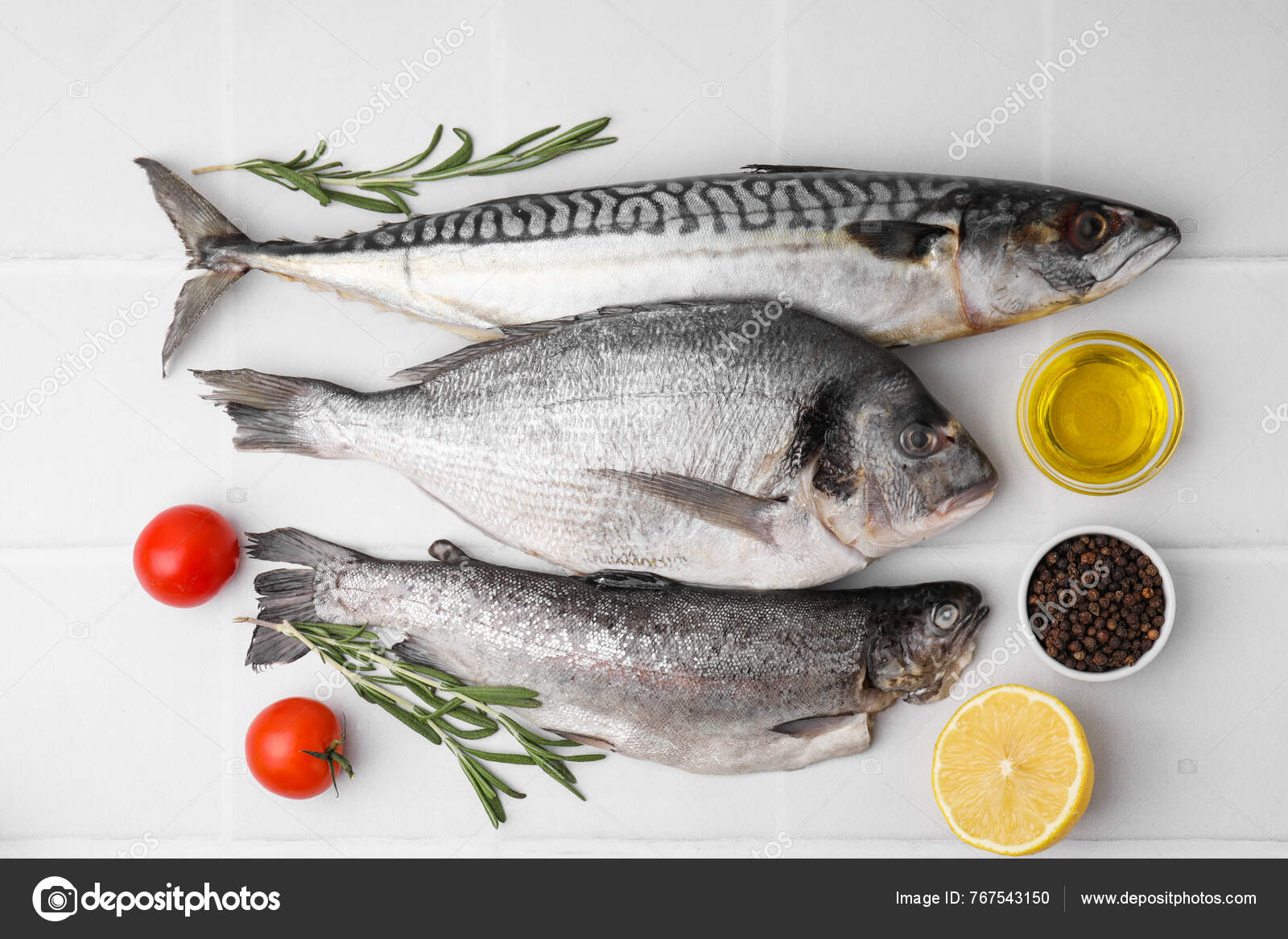 Sea Food Different Types Raw Fish Products White Tiled Table — Stock ...