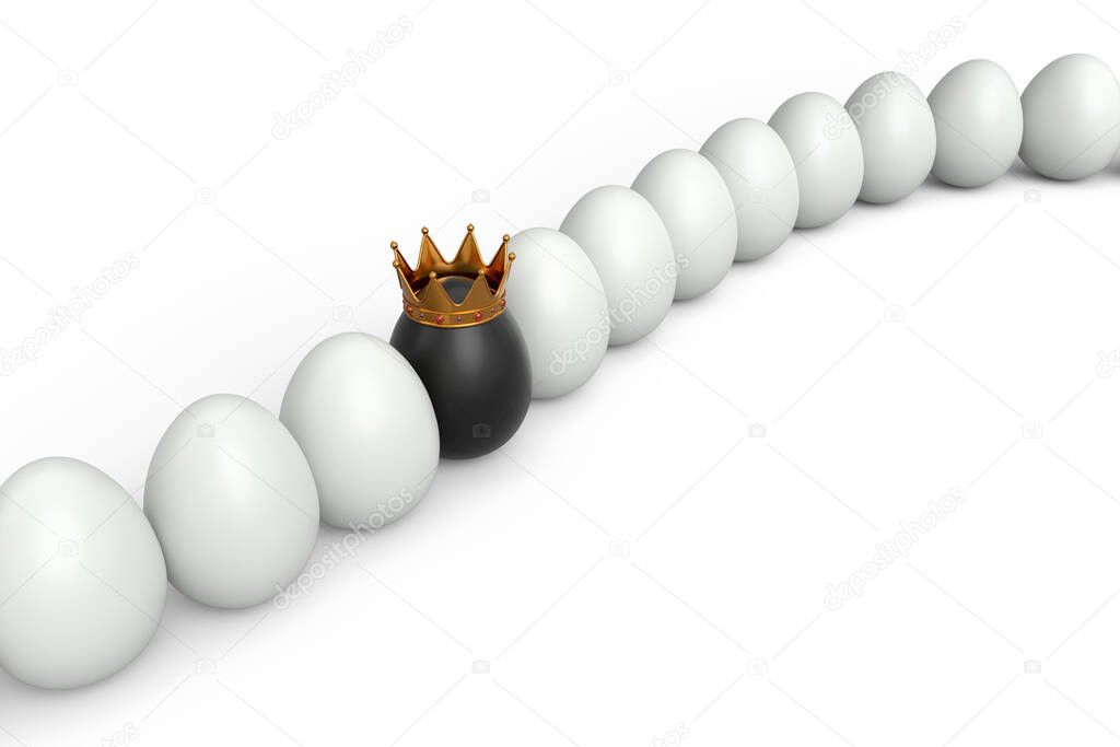 Cola de huevos de gallina blanca de granja y huevo negro único en oro ...