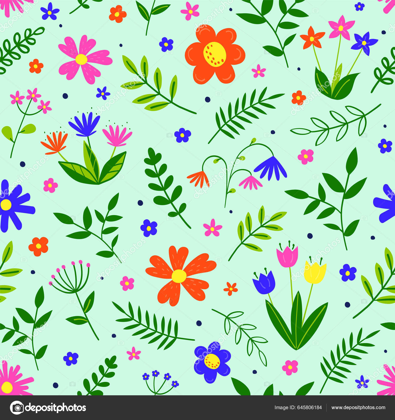 Floral Seamless Pattern Spring Background Blowing Flowers Leaves Vector ...