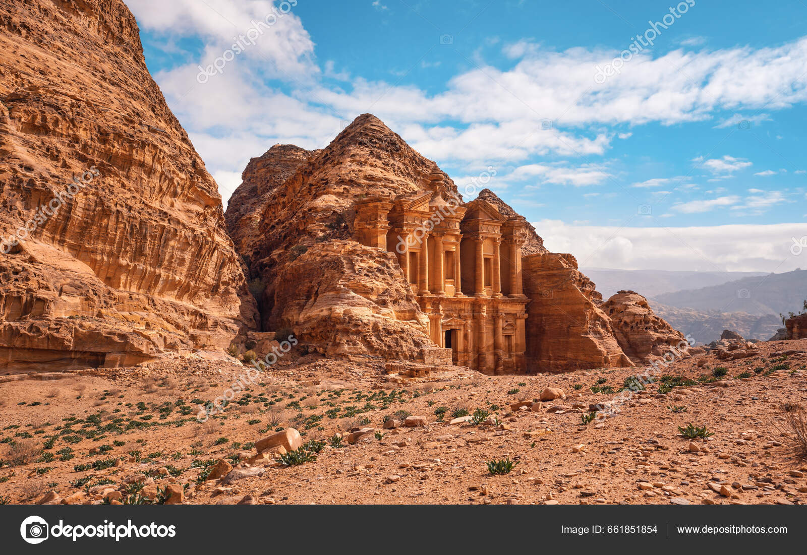 Deir Monastery Ruins Carved Rocky Wall Petra Jordan Mountainous Terrain ...