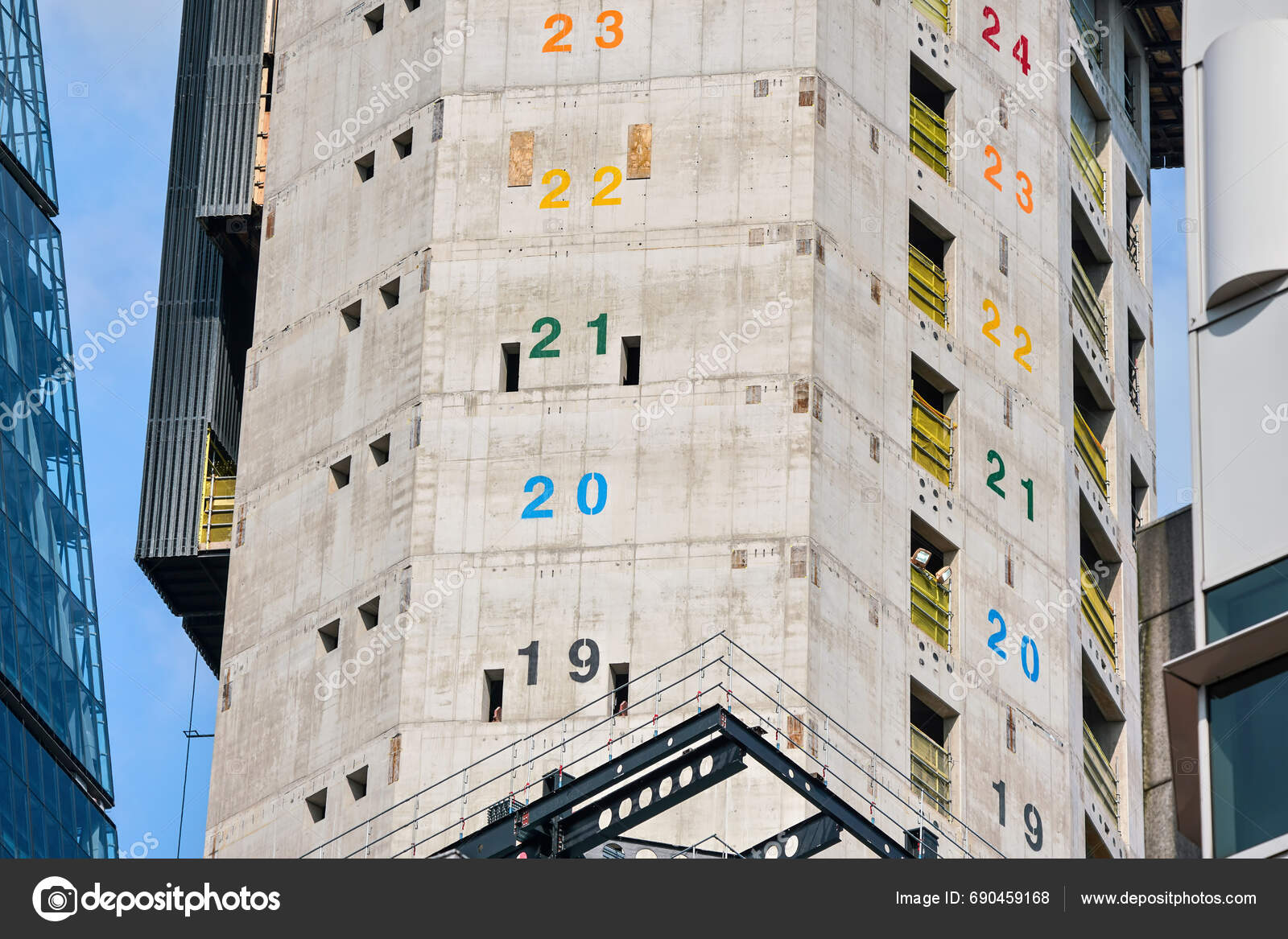 Tall Modern Skyscraper Construction Concrete Walls Numbers Marking ...