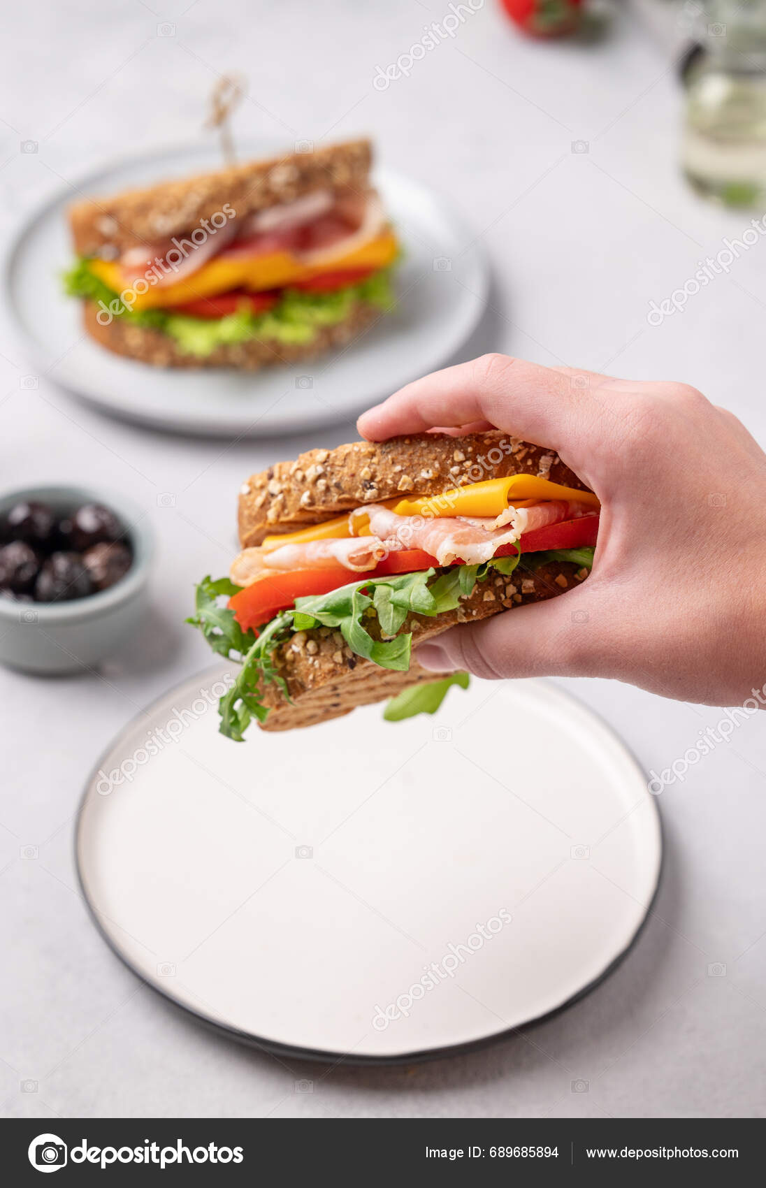 Hand Holds Toasted Club Sandwich Grain Bread Cheddar Cheese Bacon Stock ...