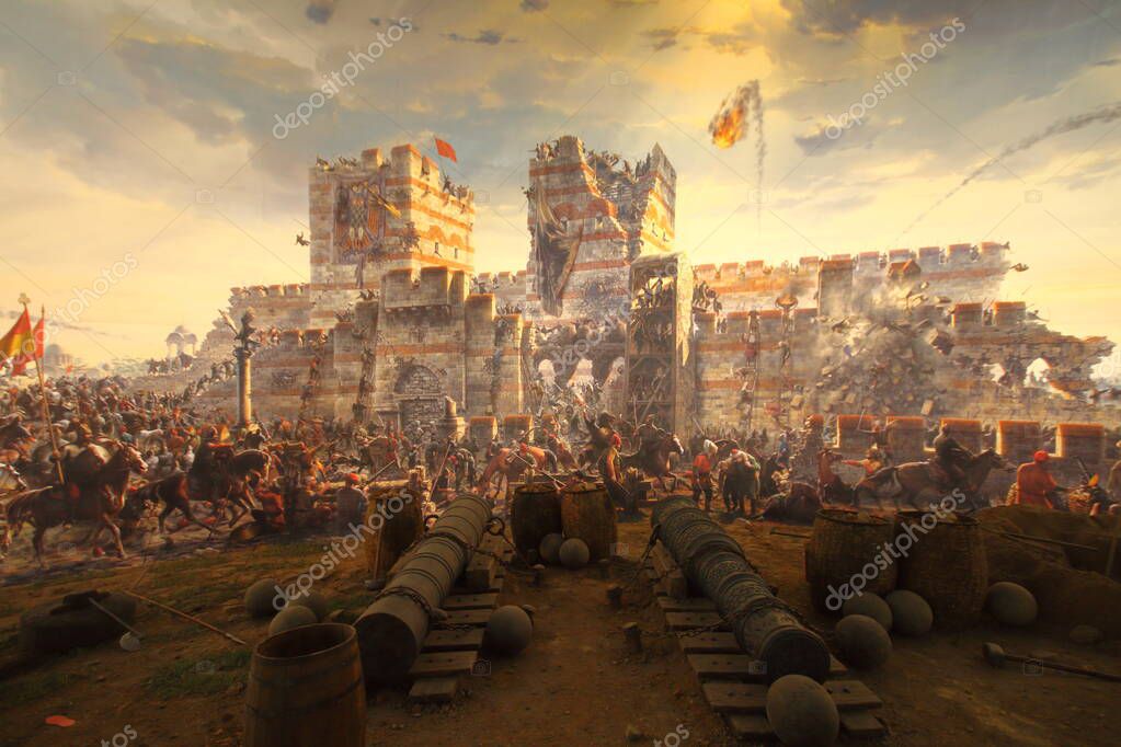 Estambul, Turquía. 07 de abril de 2015: Caída de Constantinopla capturada por Mehmet. Museo ...
