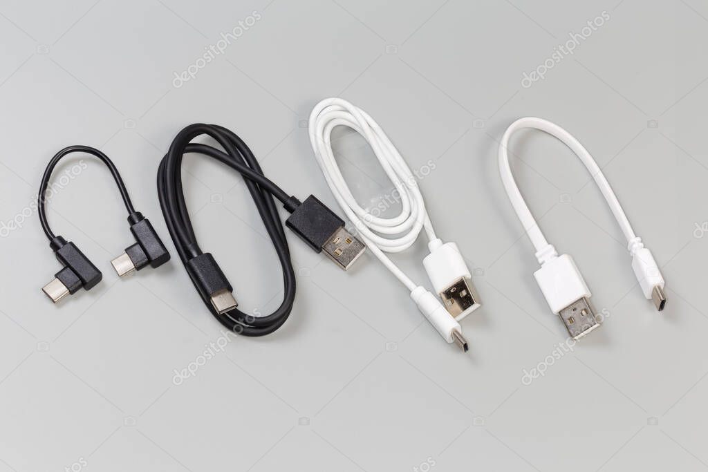 Diferentes cables USB en blanco y negro con enchufes estándar A y ...