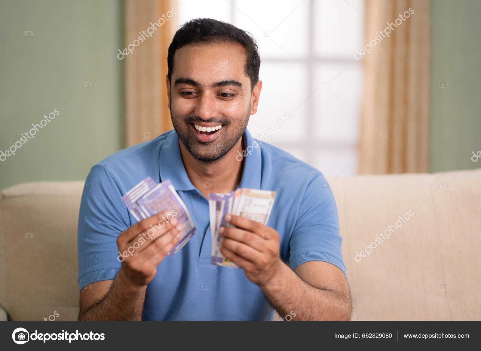 Happy Excited Indian Man Counting Money Currency Notes While Sitting ...