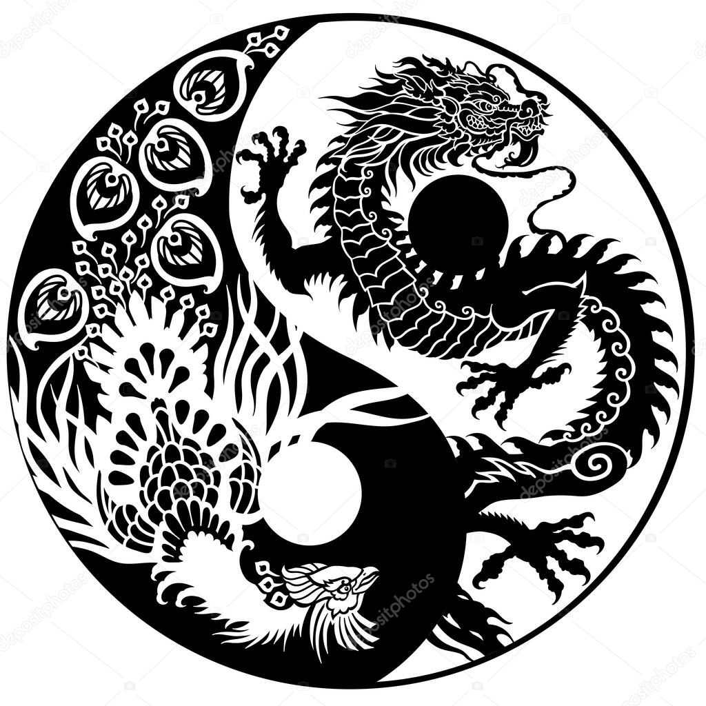 Dragón chino y fénix Feng Huang en el símbolo yin-yang. Siluetas. Criaturas mitológicas ...