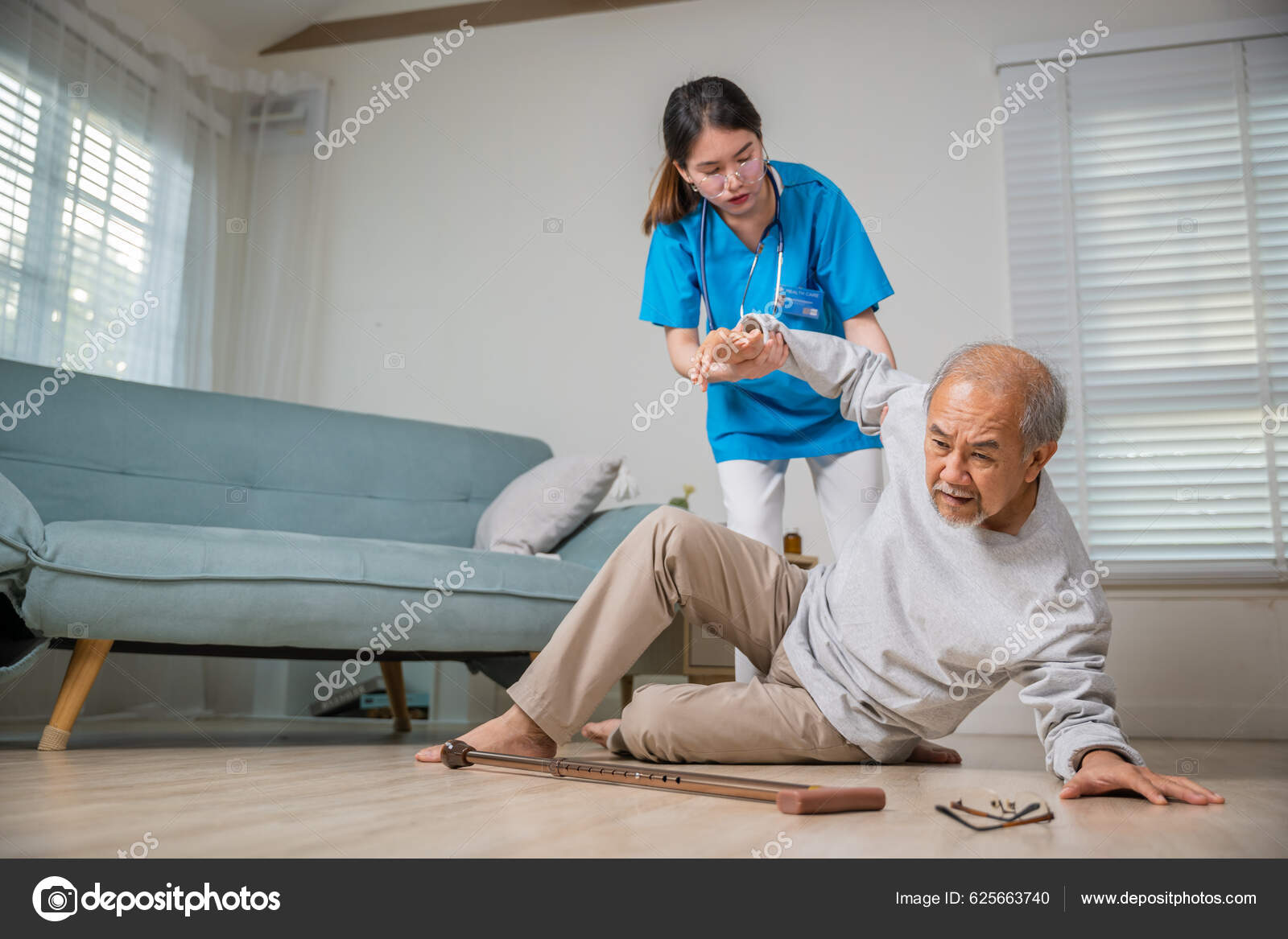 Asian Older Senior Man Falling Lying Floor Woman Nurse Came — Stock ...