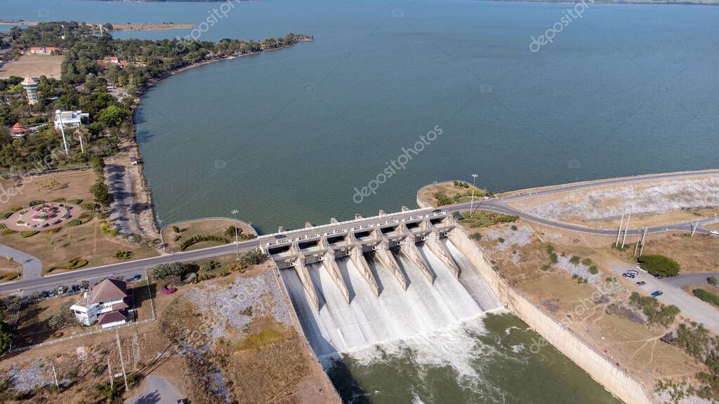 An aerial view over the Pasak Jolasid dam, Lopburi Province, Thailand ...