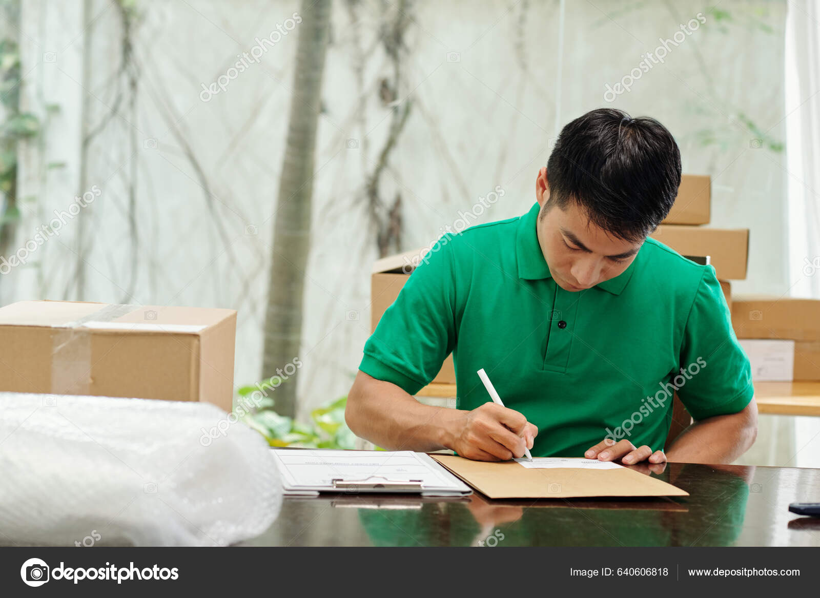 Man Writing Address Sticker Sending Package Customer — Stock Photo ...