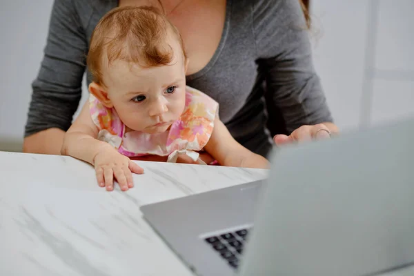 Little Baby Pointing Report Her Mother Working Laptop Home View — Stock ...