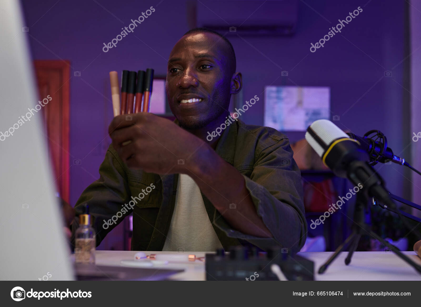 Cheerful Black Man Filming Review Liquid Lipsticks Seasonal Collection ...