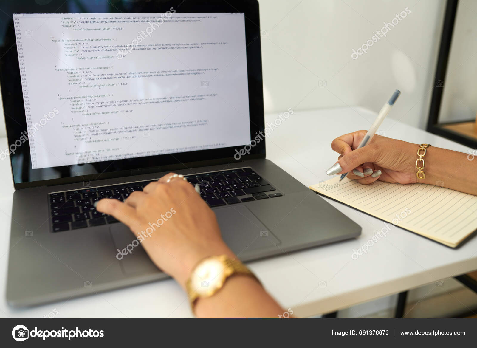 Woman Reviewing Programming Code Laptop Screen Taking Notes Planner ...