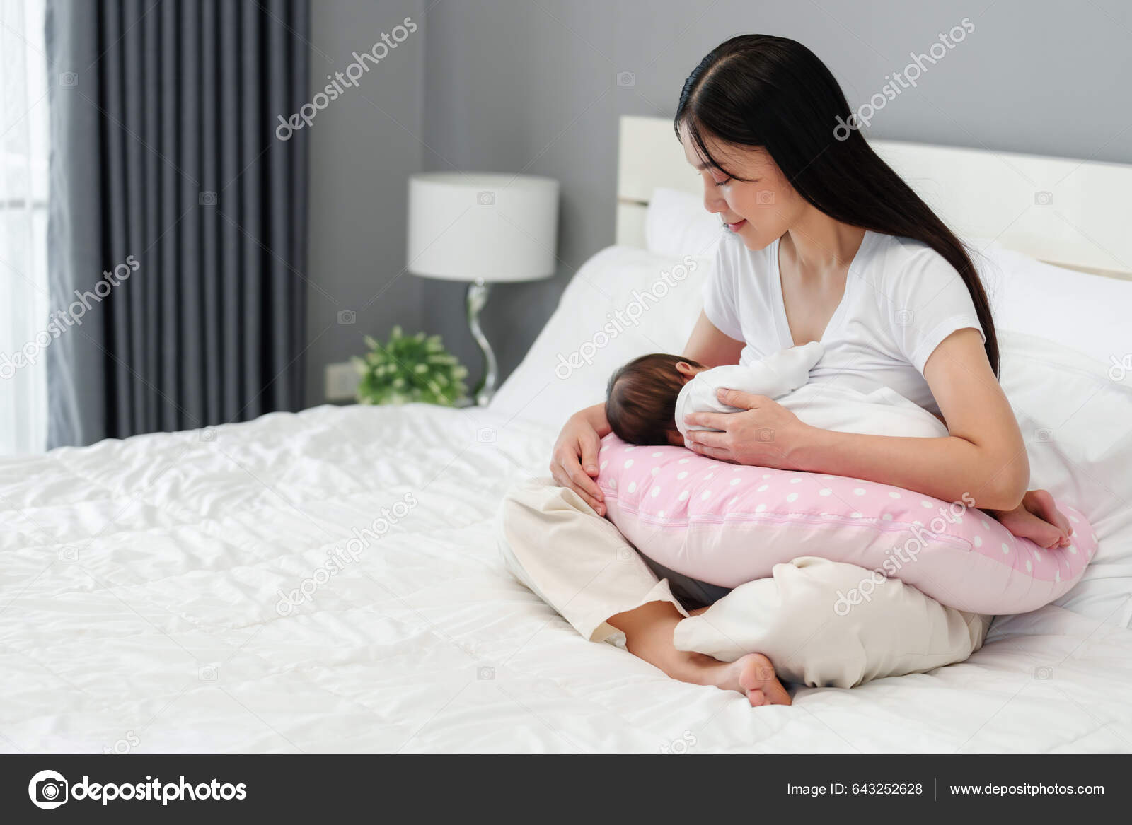 Mother Breastfeeding Newborn Baby Support Pillow Cushion — Stock Photo ...