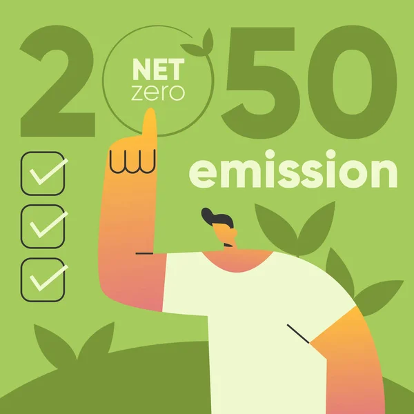 Plan de acción para el clima 2050. Cero emisiones de CO2. El tipo rodeado de hojas apunta a la ...