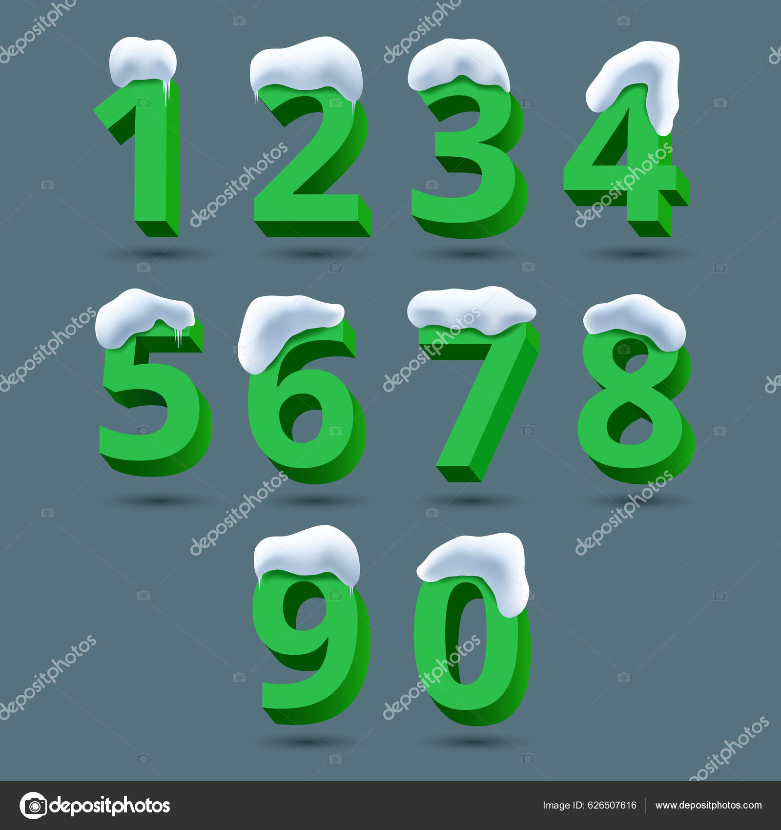 Numbers Green Set Snow Collection Ten Green Numbers Snow Vector Stock ...