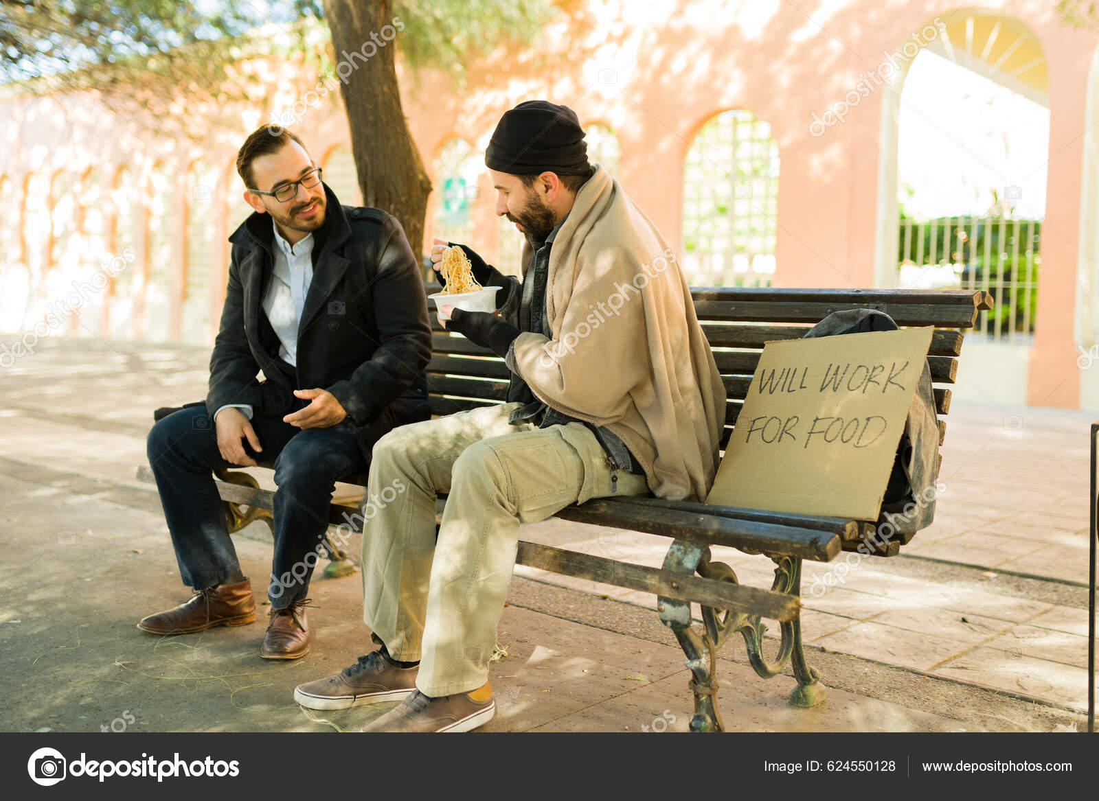 Happy Homeless People With Food