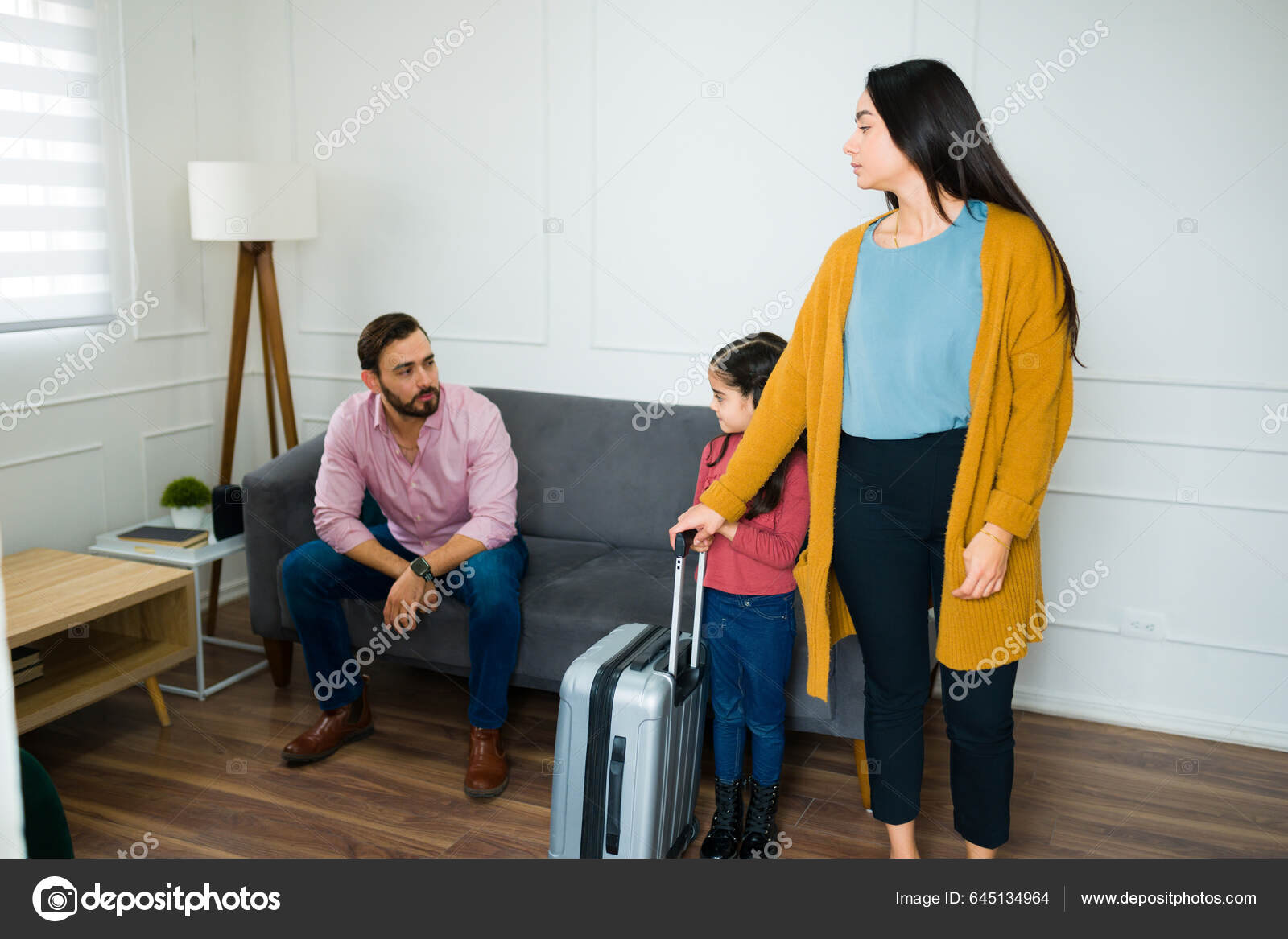 Sad Father Saying Goodbye His Child Daughter While Leaving Family ...