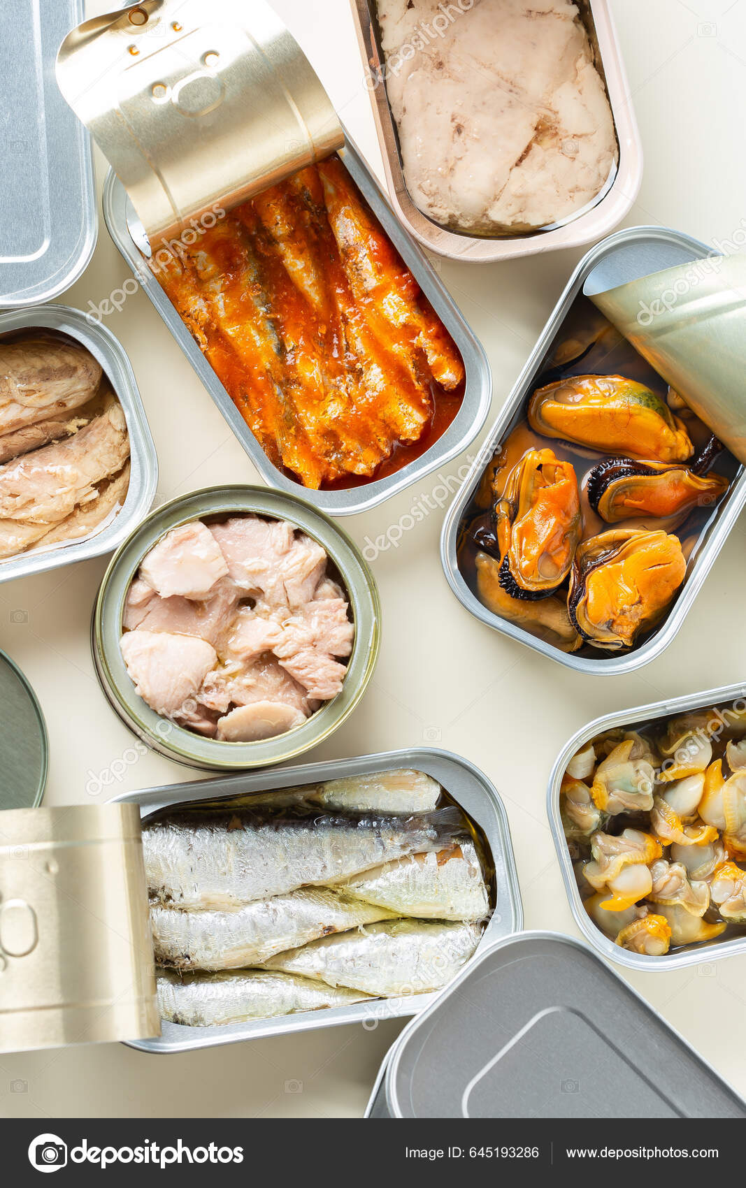 Assortment Different Canned Preserved Fish Seafood Tin Cans Ready ...