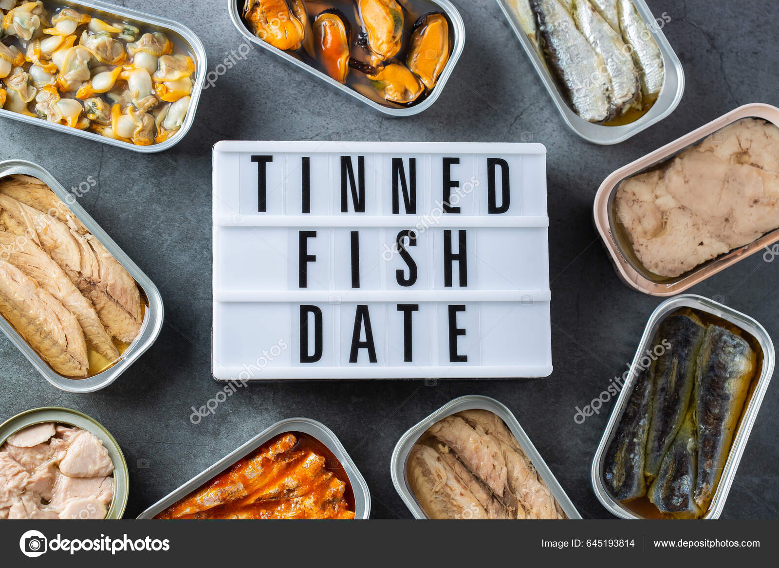 Assortment Different Canned Preserved Fish Seafood Tin Cans Ready ...