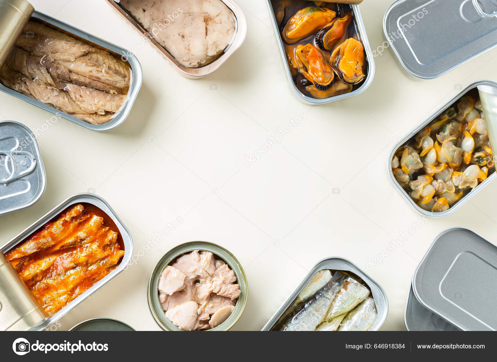 Assortment Different Canned Preserved Fish Seafood Tin Cans Ready ...