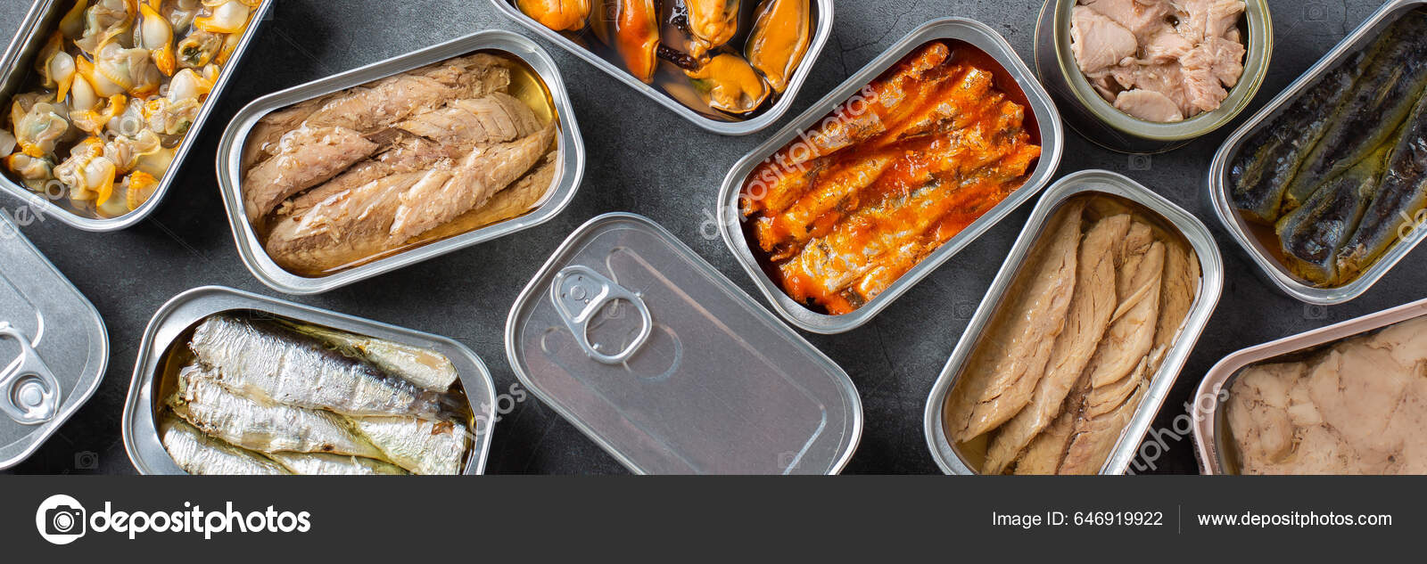 Assortment Different Canned Preserved Fish Seafood Tin Cans Ready ...