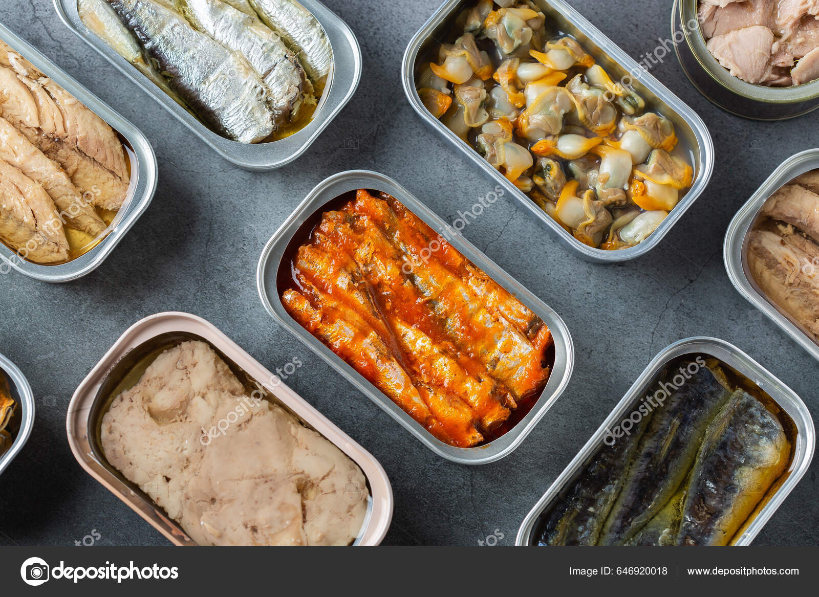 Assortment Different Canned Preserved Fish Seafood Tin Cans Ready ...