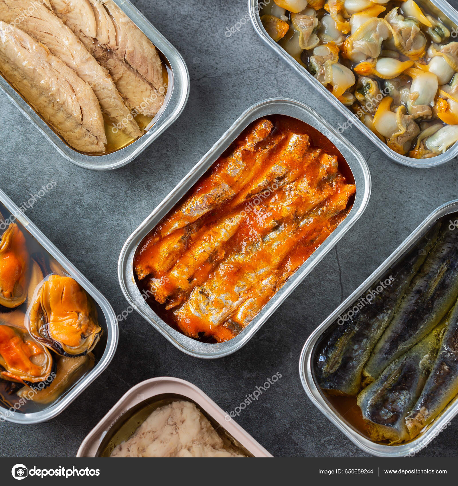 Assortment Different Canned Preserved Fish Seafood Tin Cans Ready ...