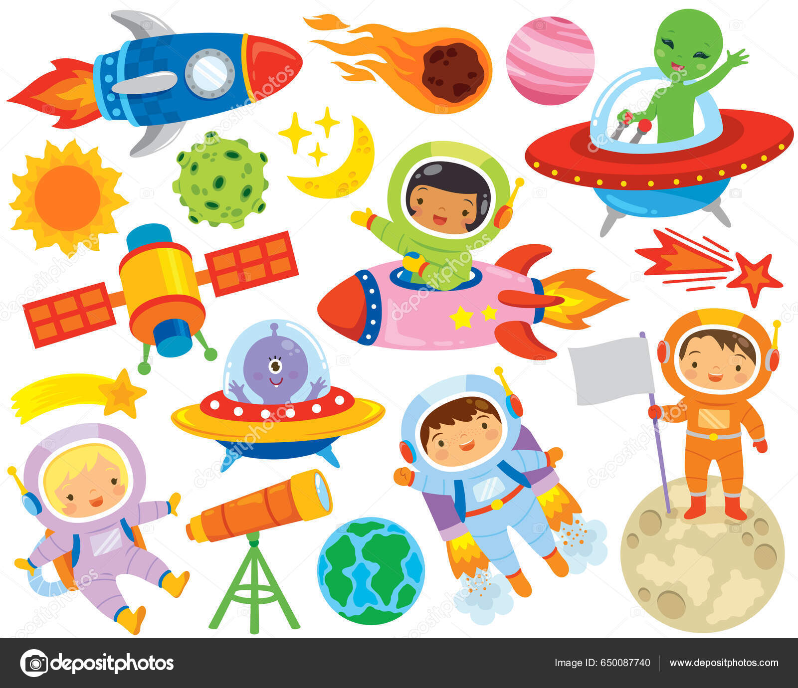 Cute Colorful Outer Space Clipart Set Male Female Astronauts Aliens ...