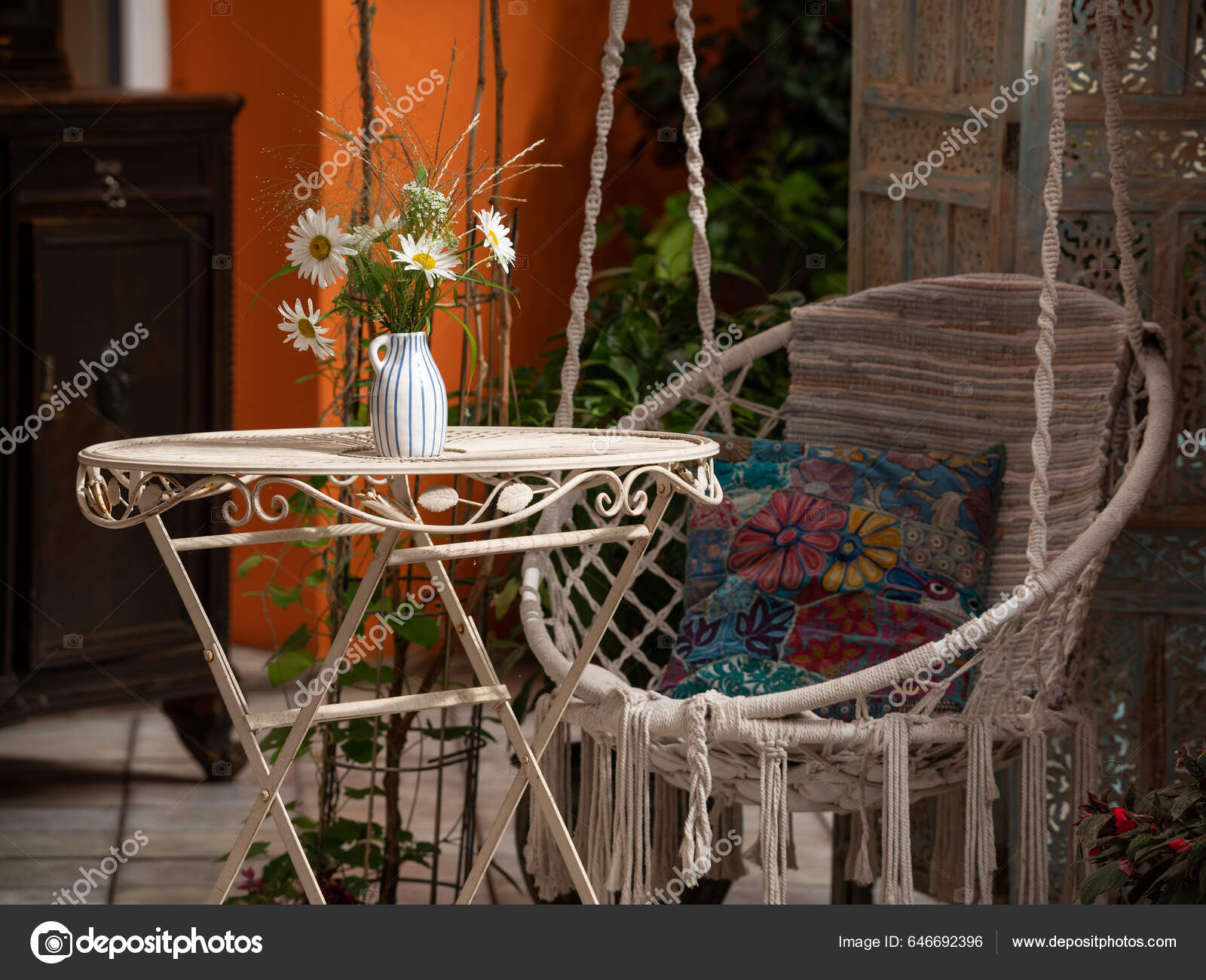 Interior Veranda Hanging Wicker Chair Flowers Table Close — Stock Photo ...