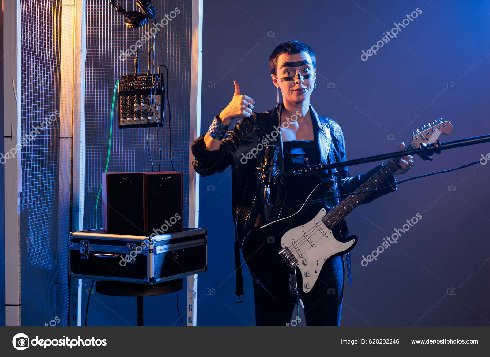 Female Artist Giving Thumbs Studio Doing Live Rock Performance Heavy ...