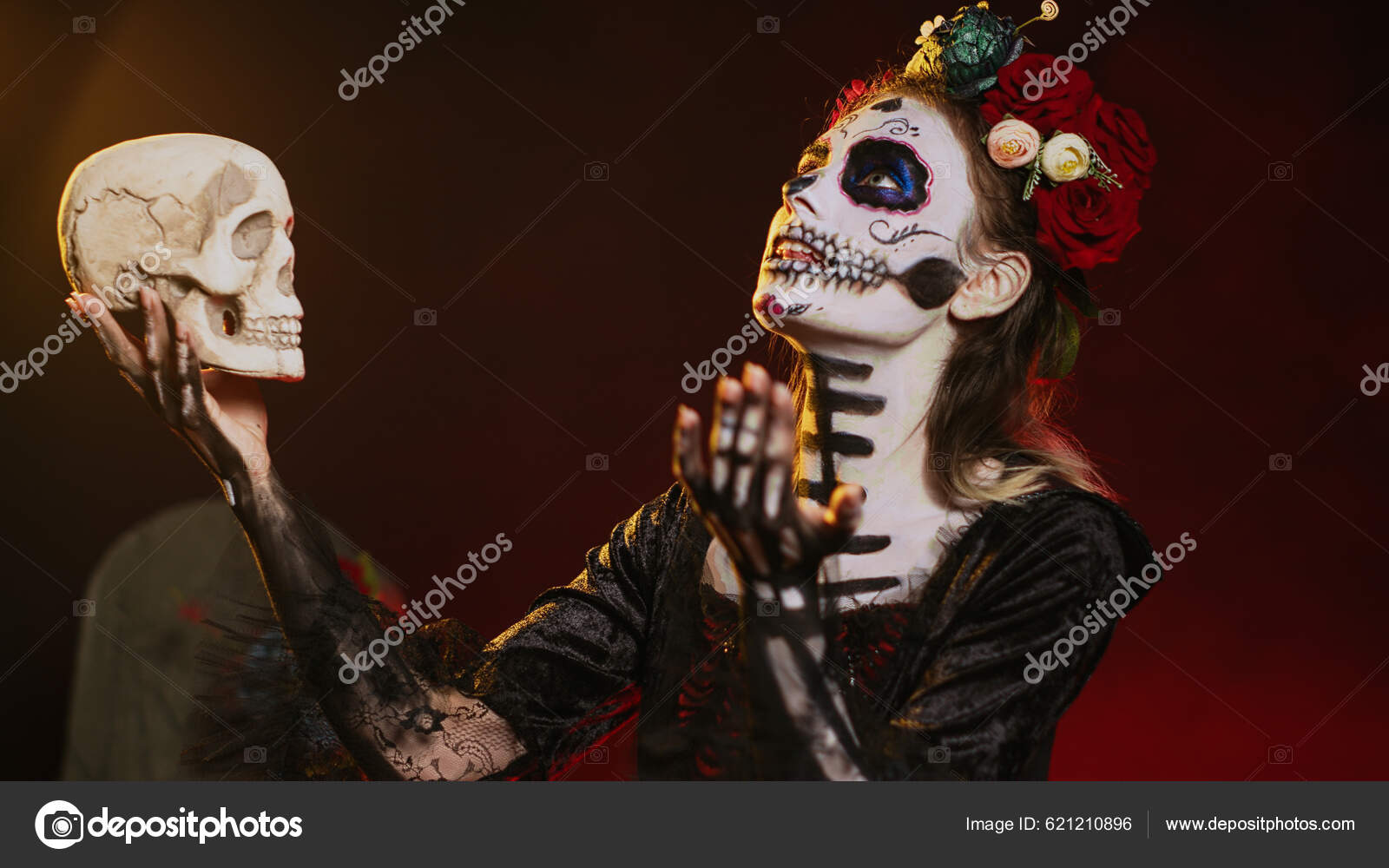 Young Scary Lady Looking Skull Studio Wearing Creepy Halloween Costume ...