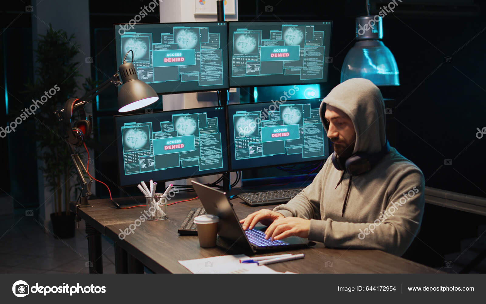 Male Hacker Thief Breaking Cyber Security Server Stealing Data Multiple ...