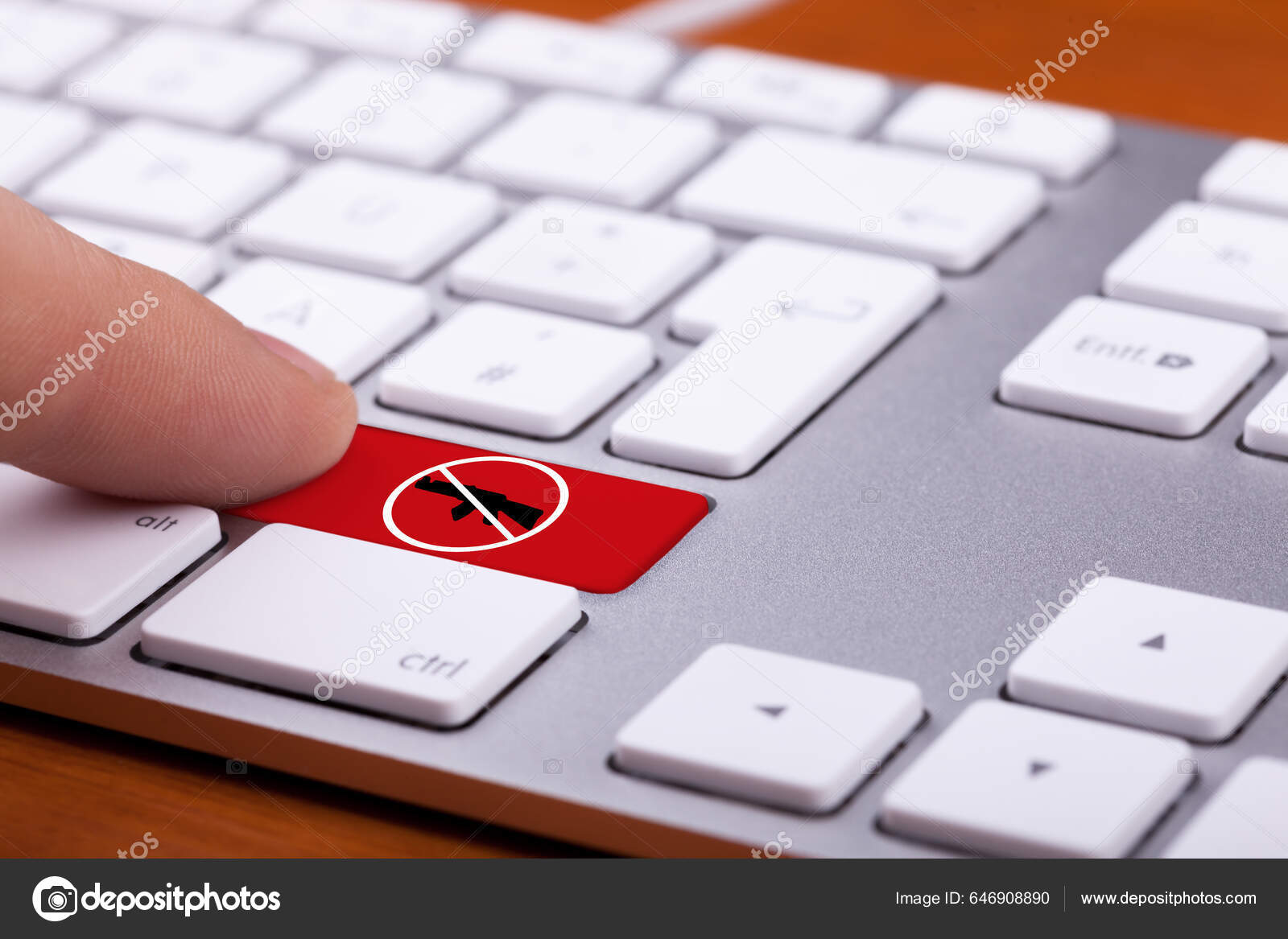 Finger Pressing Red Button Stop Gun Sign Stop War Violence — Stock ...