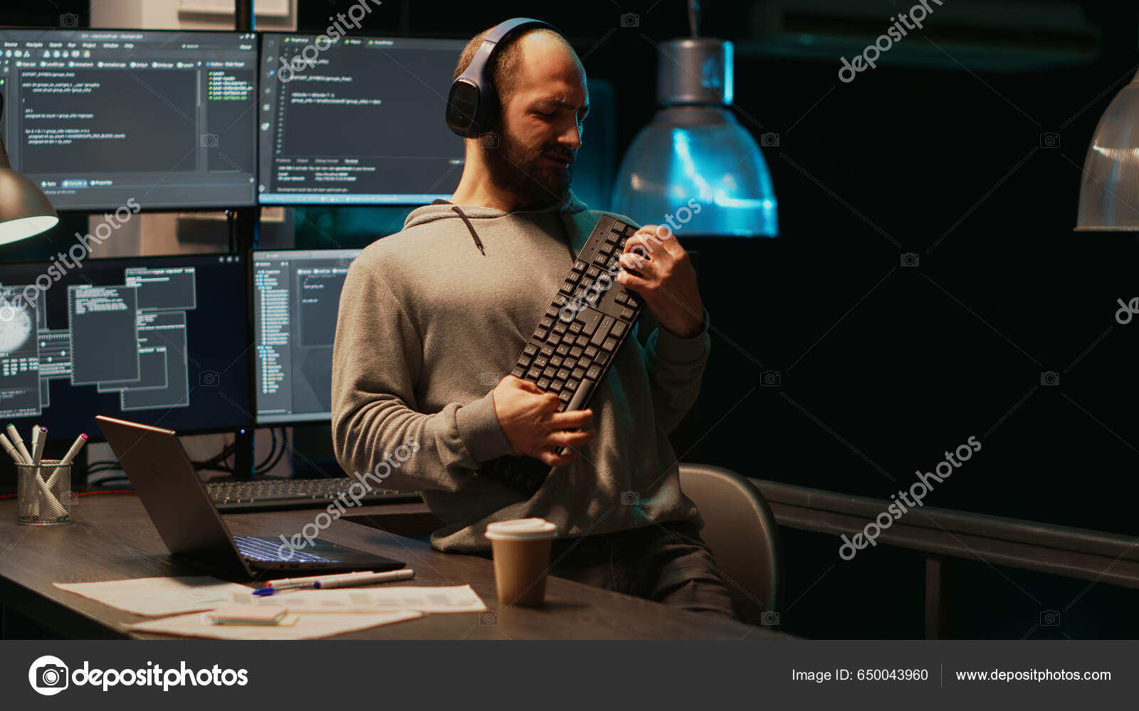 Programmer Being Happy Playing Air Guitar Keyboard Instrument Enjoying Music — Stock Photo ...