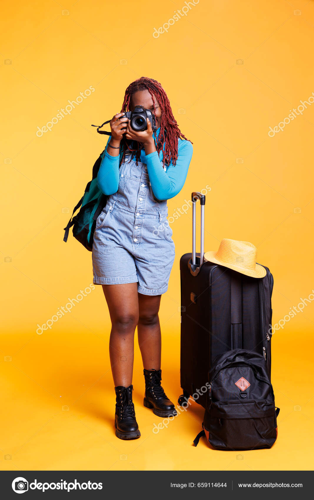 Woman Taking Photographs Dslr Camera Having Fun Urban Adventure ...