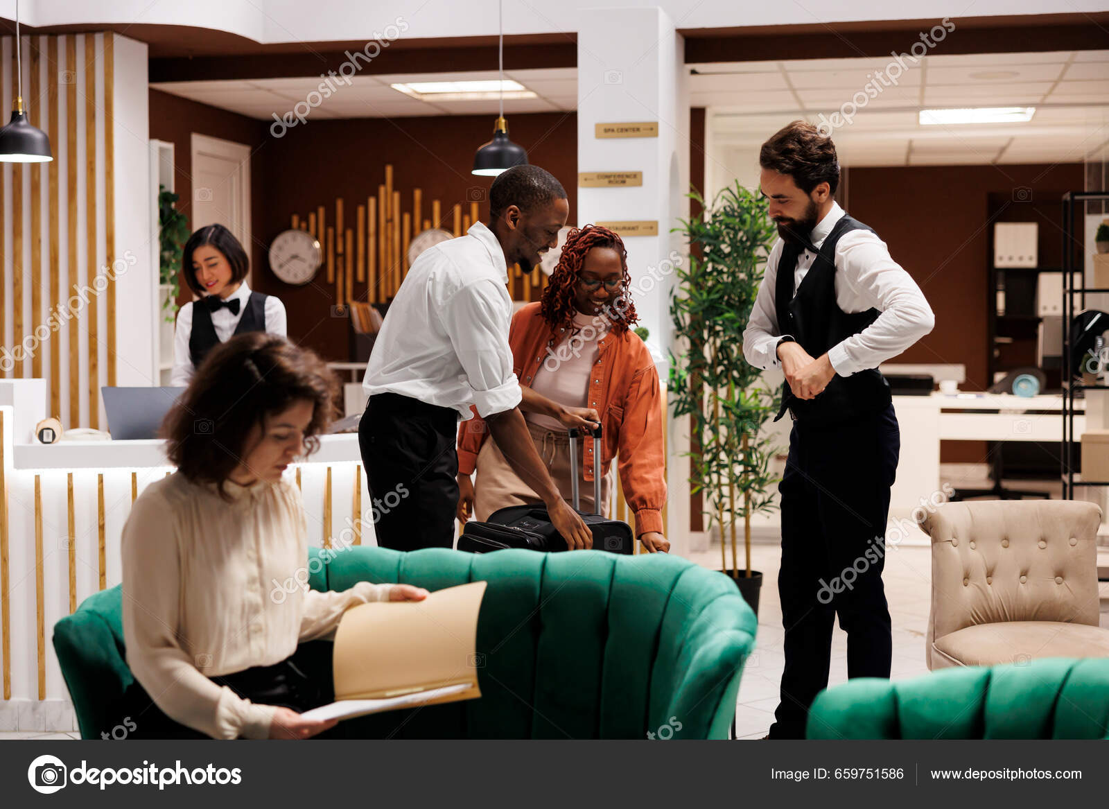 Hotel Concierge Assisting Guests Lobby Helping Check Process Reception ...