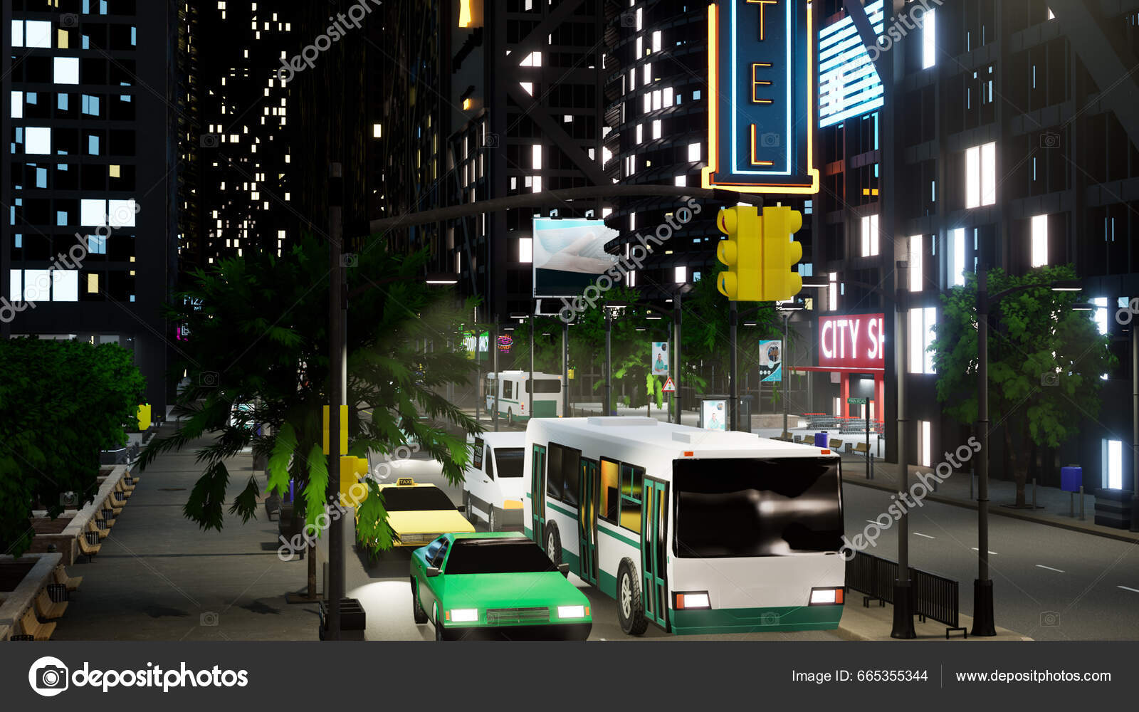 Multiple Cars Street Business District Downtown Modern Office Buildings ...