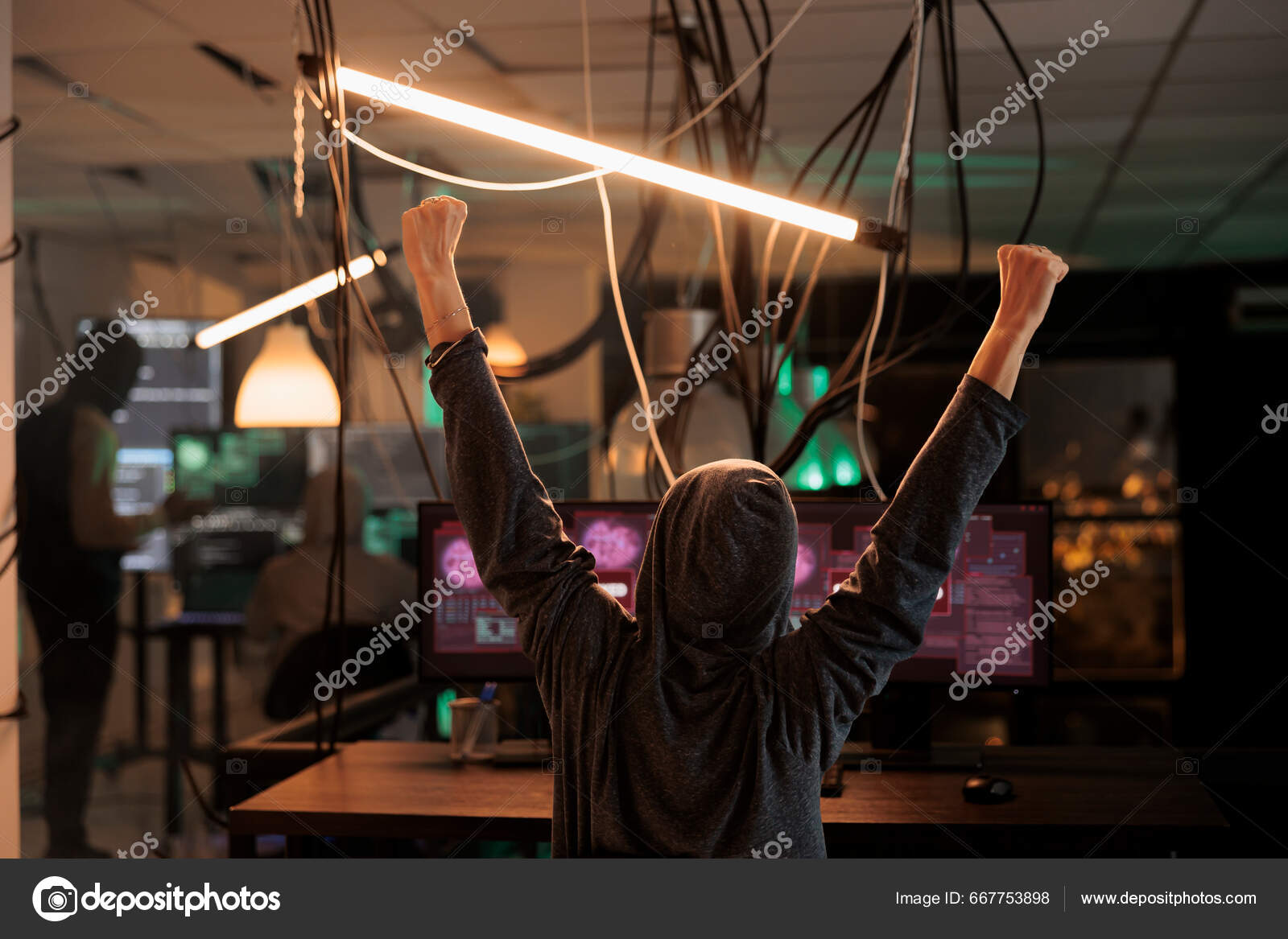 Happy Thief Celebrating Security Breach Hacking Computer System Successful Mysterious Stock ...