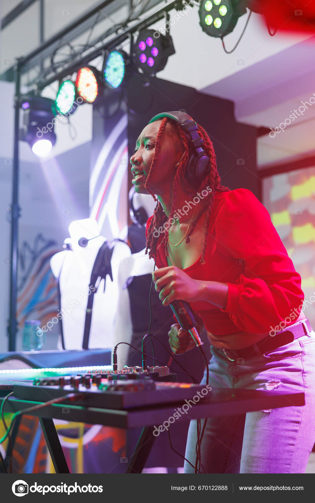 Woman Interacting Audience Speaking Stage While Performing Nightclub ...