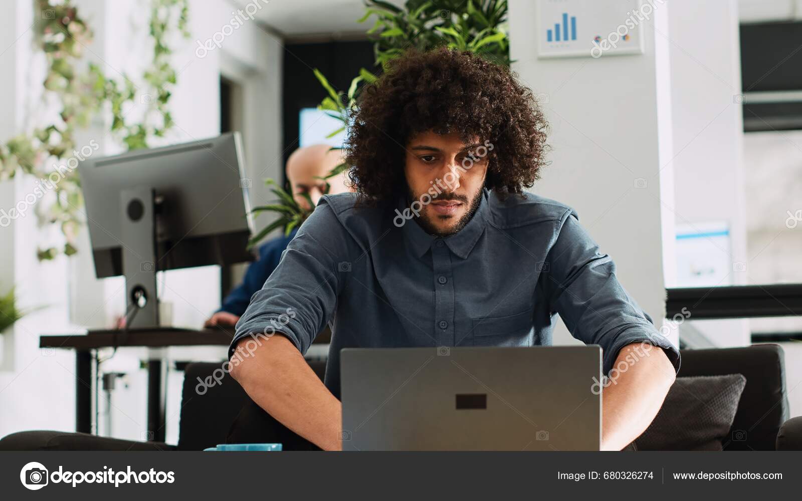Office Employee Using Laptop Sofa Reading Official Documents ...